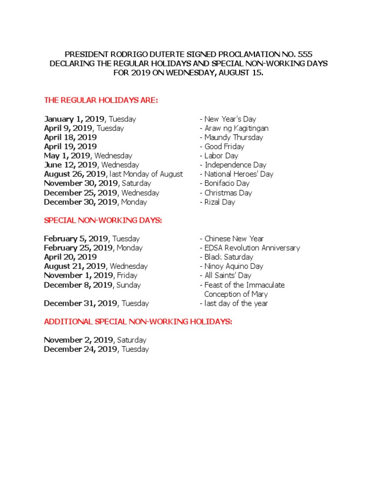 2019 Regular Holidays | PDF