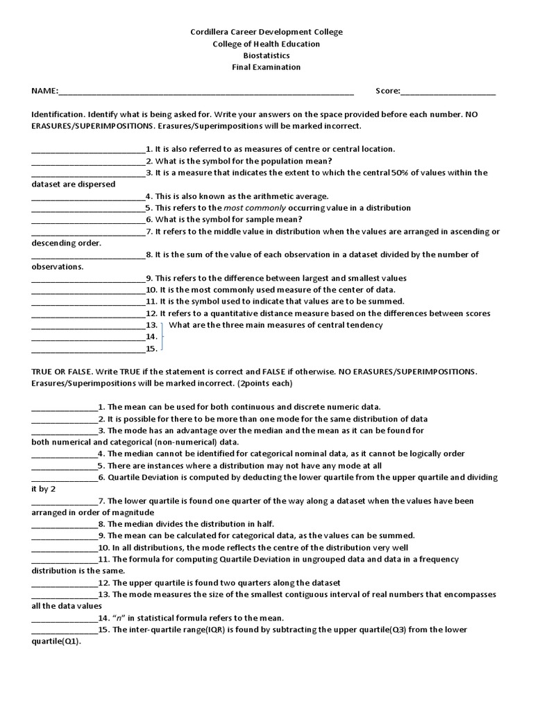 Biostat Finals | PDF | Mean | Mode (Statistics)