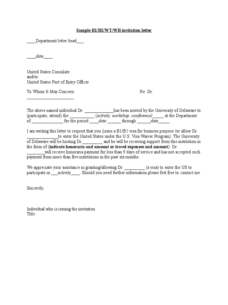 Sample B1/B2/WT/WB Invitation Letter | PDF