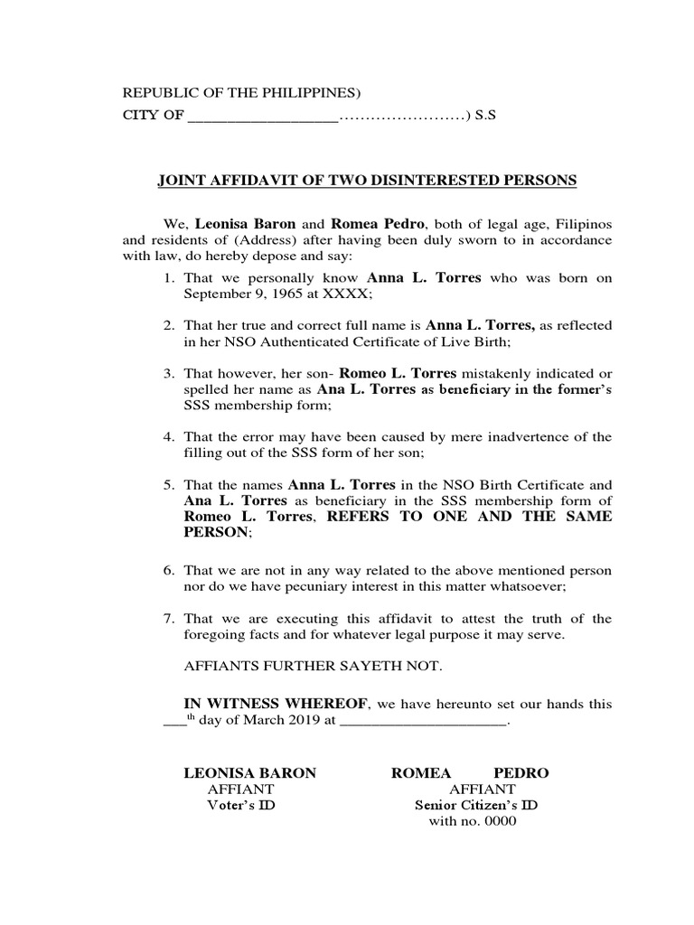 Sample - Affidavit of 2 Disinterested Persons | PDF | Affidavit | Document
