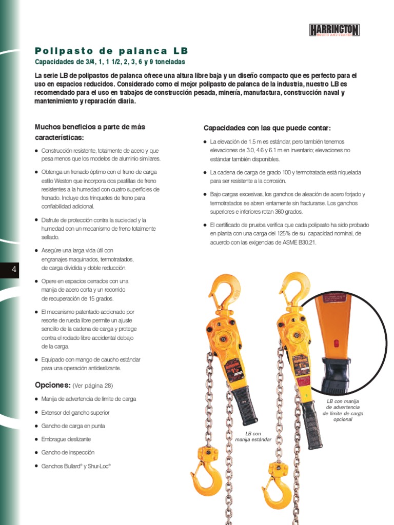 Manual Polipasto Harrington de Palanca | PDF | Acero | Ingeniería mecánica