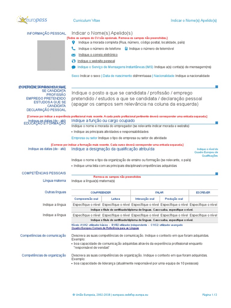 Curriculum Vitae No Modelo Europass - Template | PDF | Portugal ...