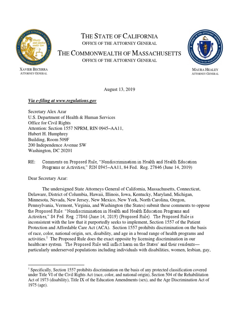Comment Letter Re 1557 Regulations | PDF | Health Equity | Disability