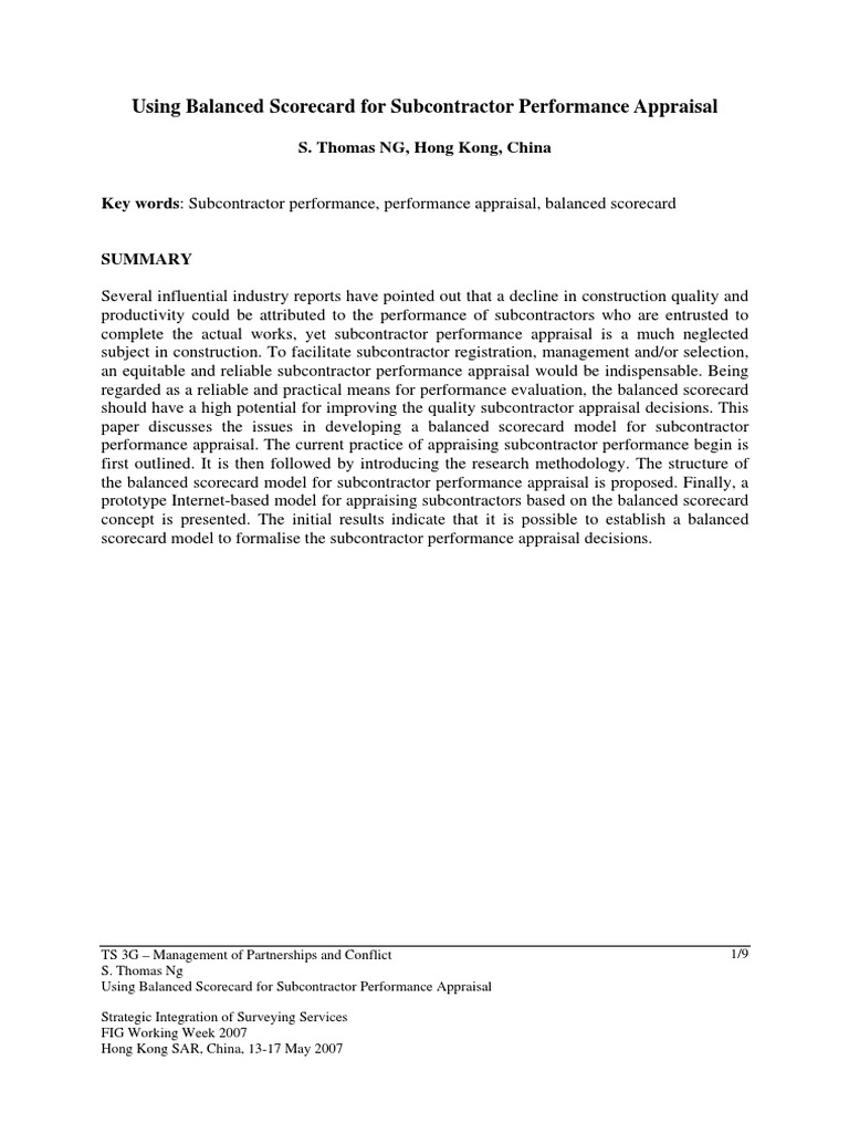 Scorecard For Subcontractor Performance Appraisal | PDF | Performance ...
