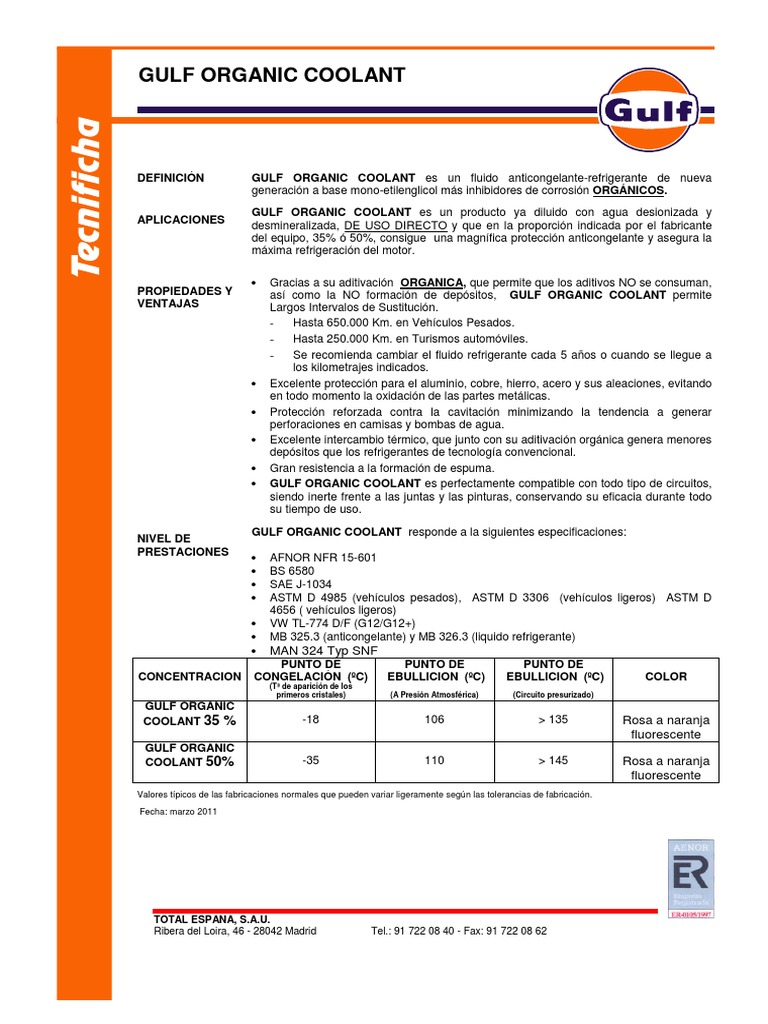 Ficha Técnica Organic Coolant | PDF | Agua | Materiales