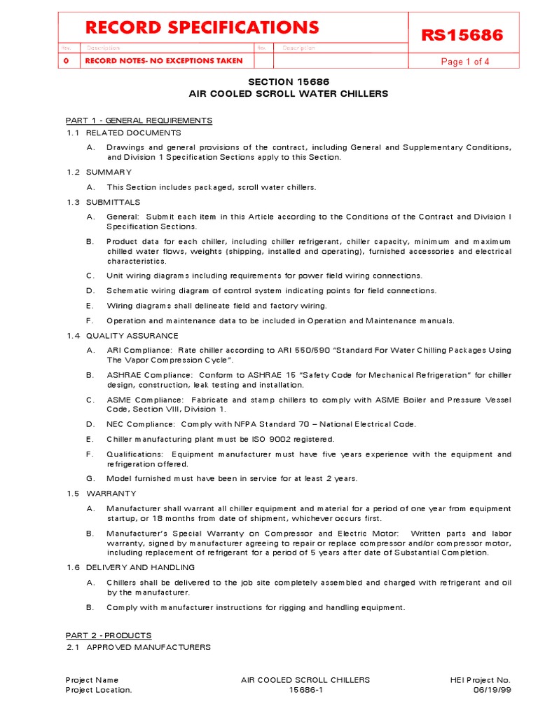 Scroll Chillers - Record Specification | PDF | Electrical Wiring ...