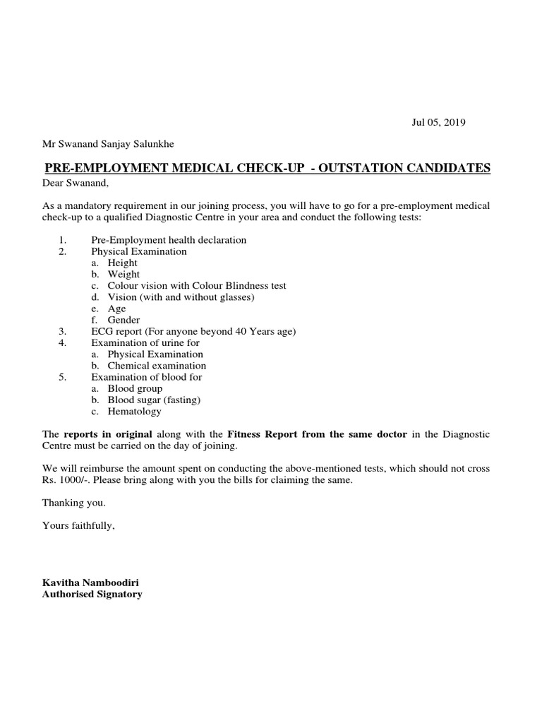 Pre-Employment Medical Check-Up - Outstation Candidates: Kavitha ...