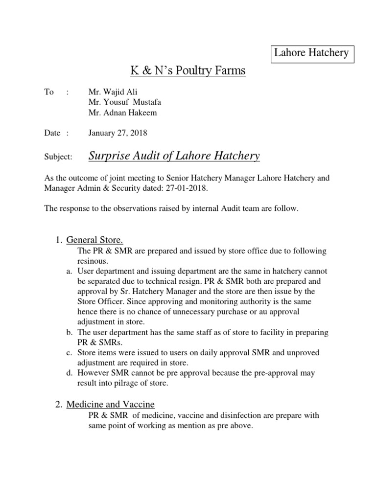 K & N's Poultry Farms: Surprise Audit of Lahore Hatchery | PDF | Business