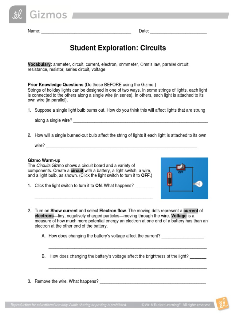 Student Exploration: Circuits: Vocabulary: Ammeter, Circuit, Current ...