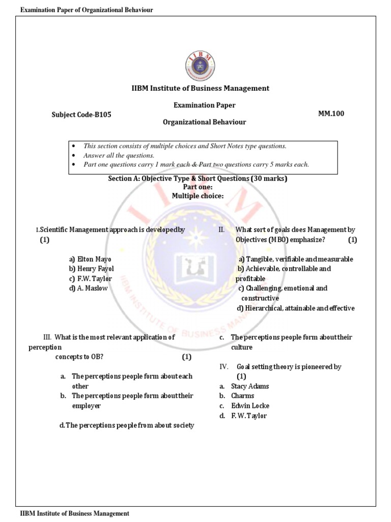 IIBM Institute of Business Management: Subject Code-B105 Examination ...