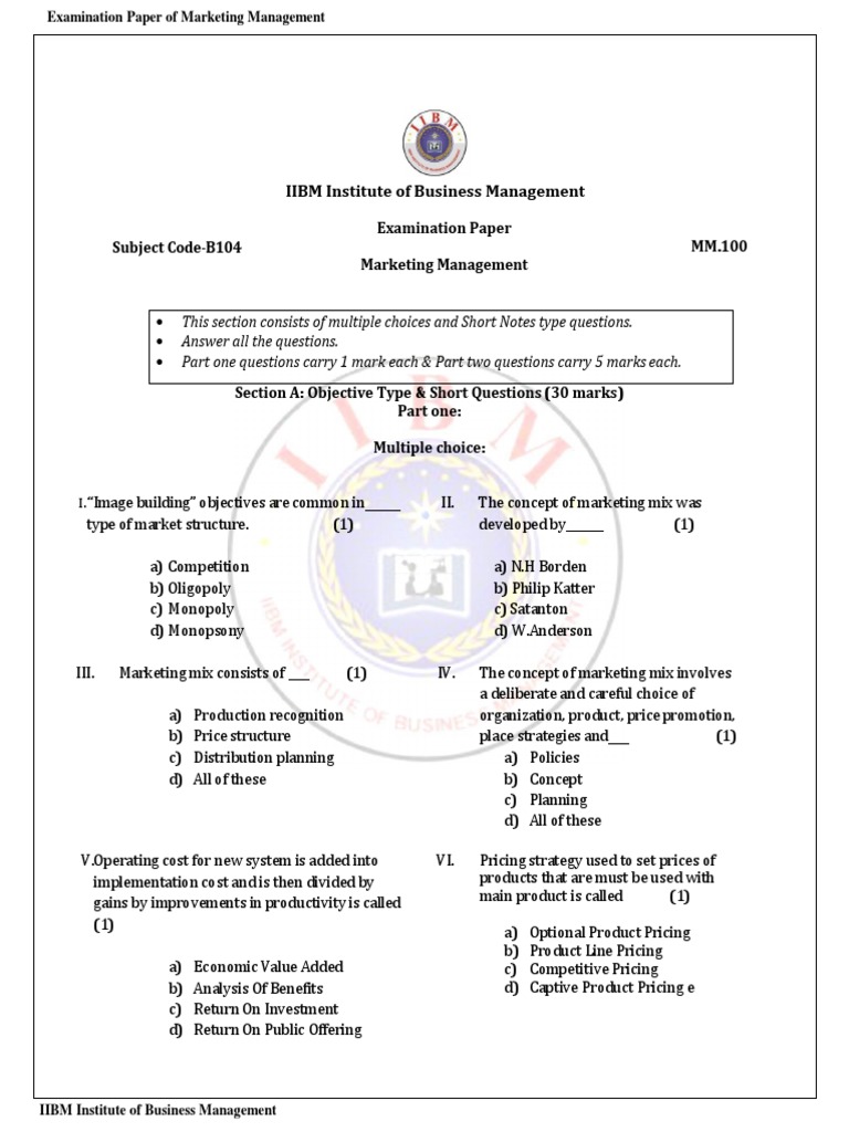 IIBM Institute of Business Management: Subject Code-B104 Examination ...
