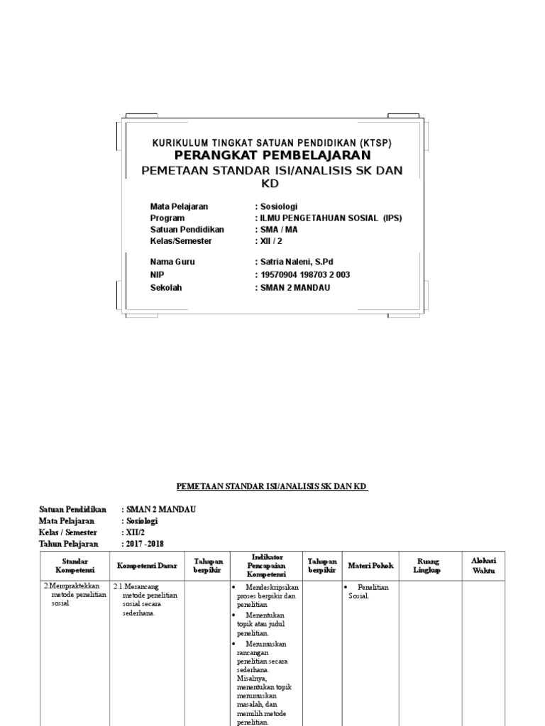 Pemetaan SK KD Sosiologi Kelas Xii SMT 2 | PDF