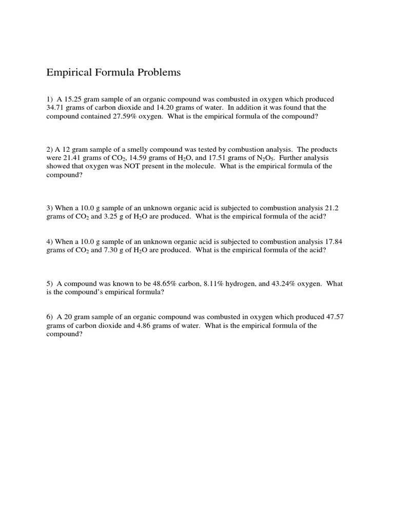 Empirical Formula Problems and Key | PDF | Oxygen | Carbon