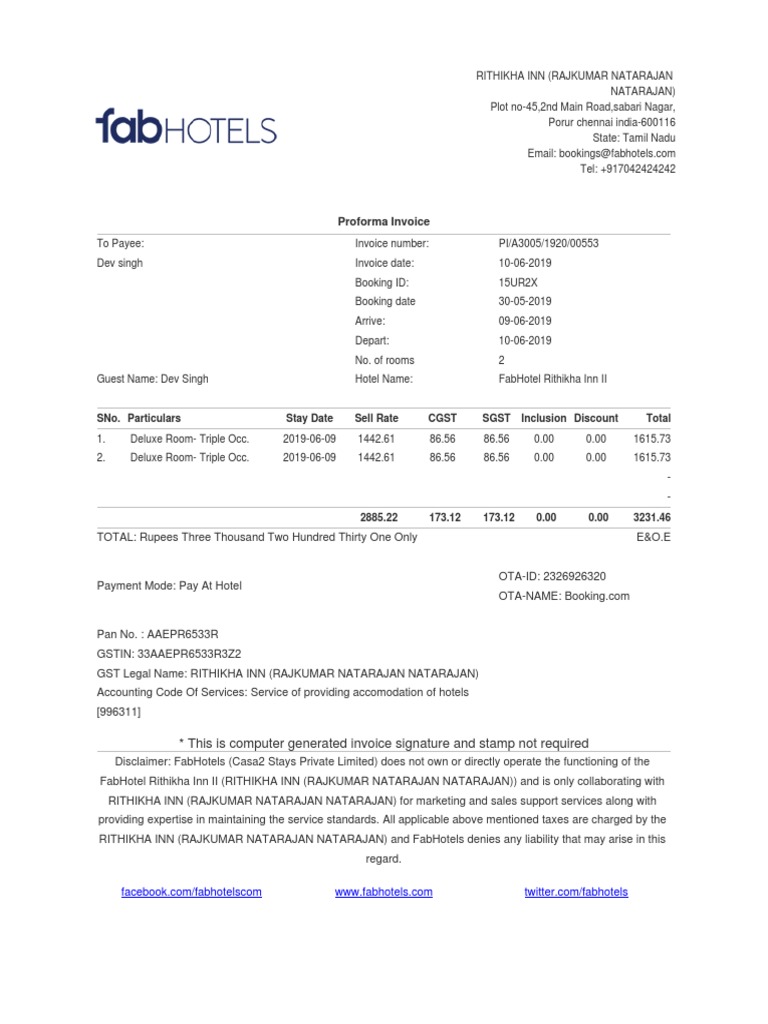 FabHotels Invoice 15UR2X | PDF | Invoice | Services (Economics)