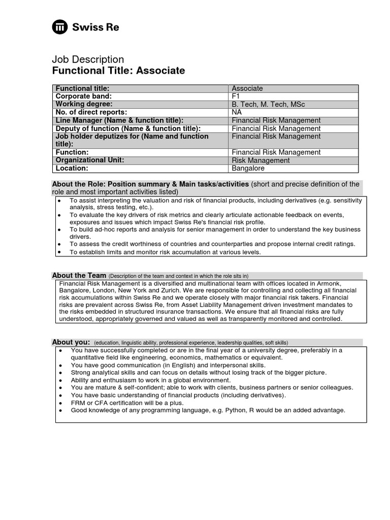 Functional Title: Associate: Job Description | PDF | Financial Risk ...