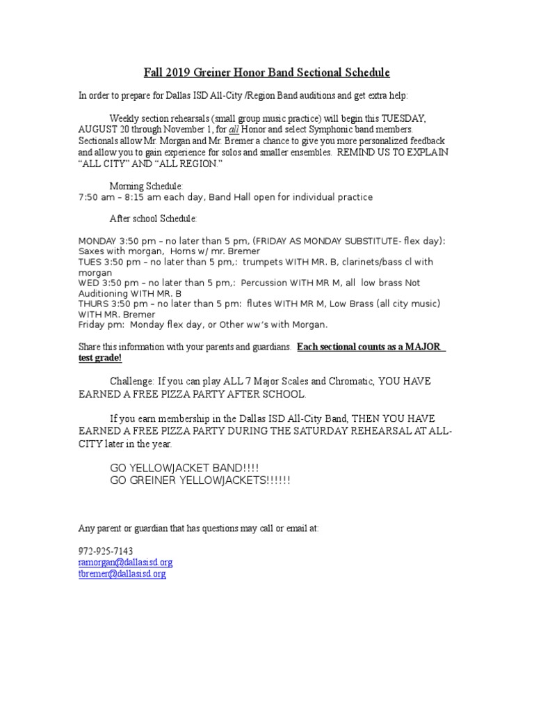 Fall 2019 Greiner Honor Band Sectional Schedule: Test Grade! | PDF | Poetry