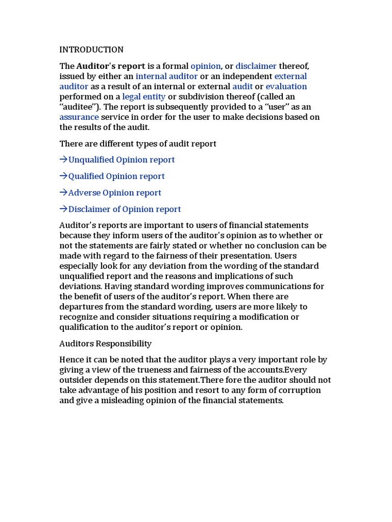 Opinion Disclaimer Internal Auditor External Auditor Audit Evaluation ...