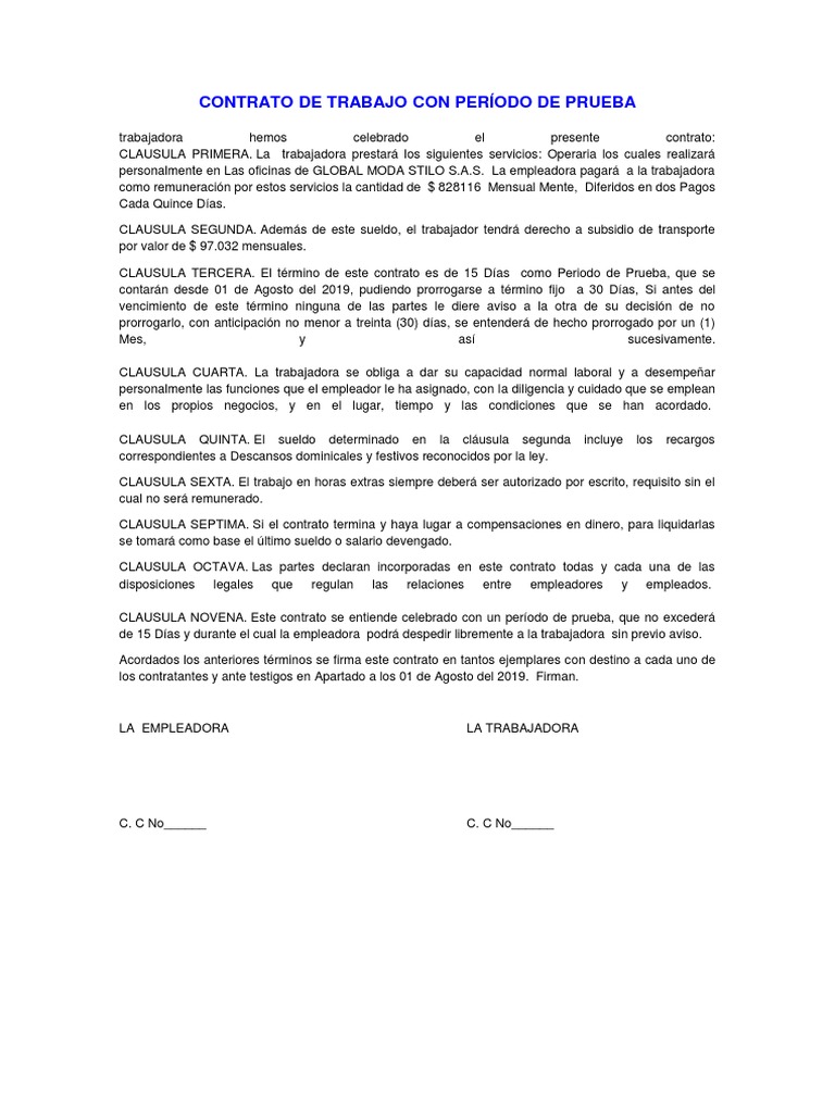 Contrato de Trabajo Con Período de Prueba | Descargar gratis PDF | Salario | Salario de emisión ...