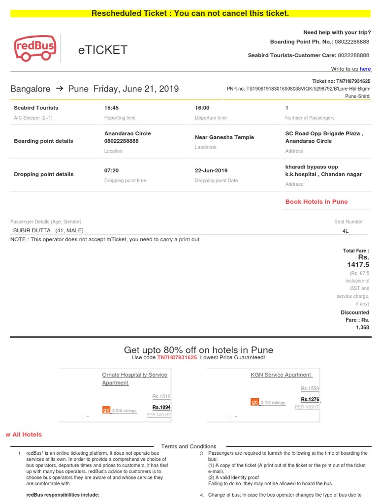 RedBus Ticket TN7H87931625 | PDF | Ticket (Admission) | Baggage
