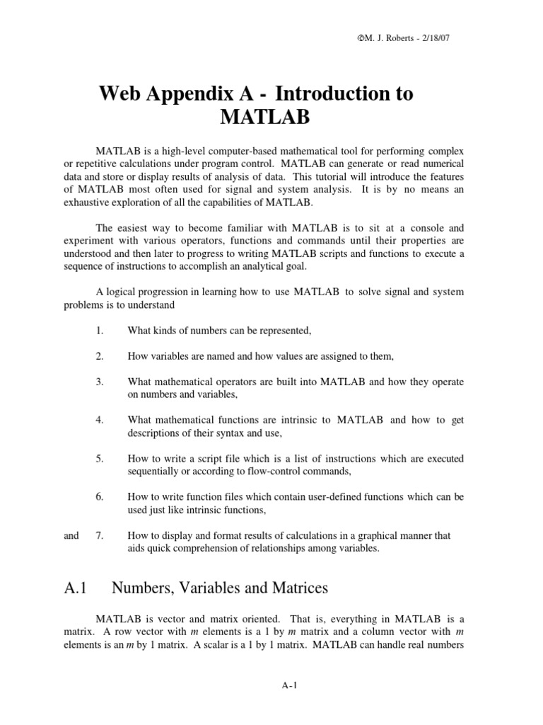 Web Appendix A - Introduction To Matlab: A.1 Numbers, Variables and Matrices | PDF ...