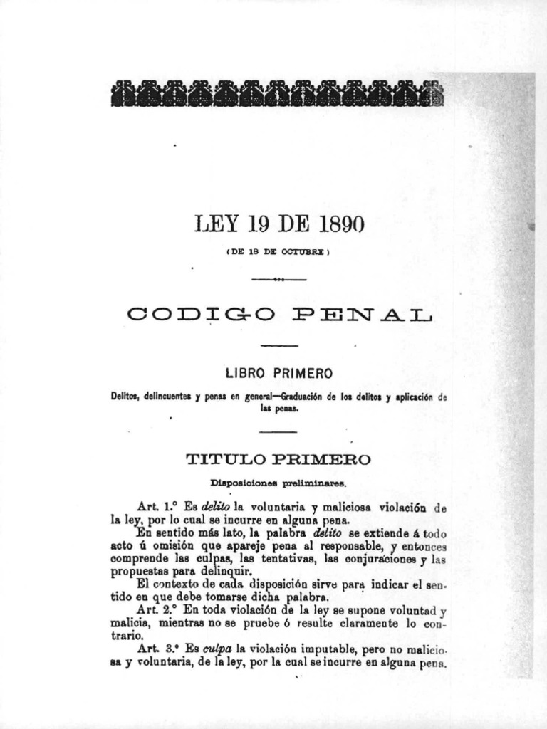 Ley 19 de 1890 Codigo Penal Libro Primero | PDF | Castigos | Prisión