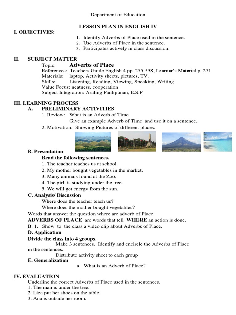 LP Grade4. English. Adverb of Place - New | PDF | Lesson Plan | English ...