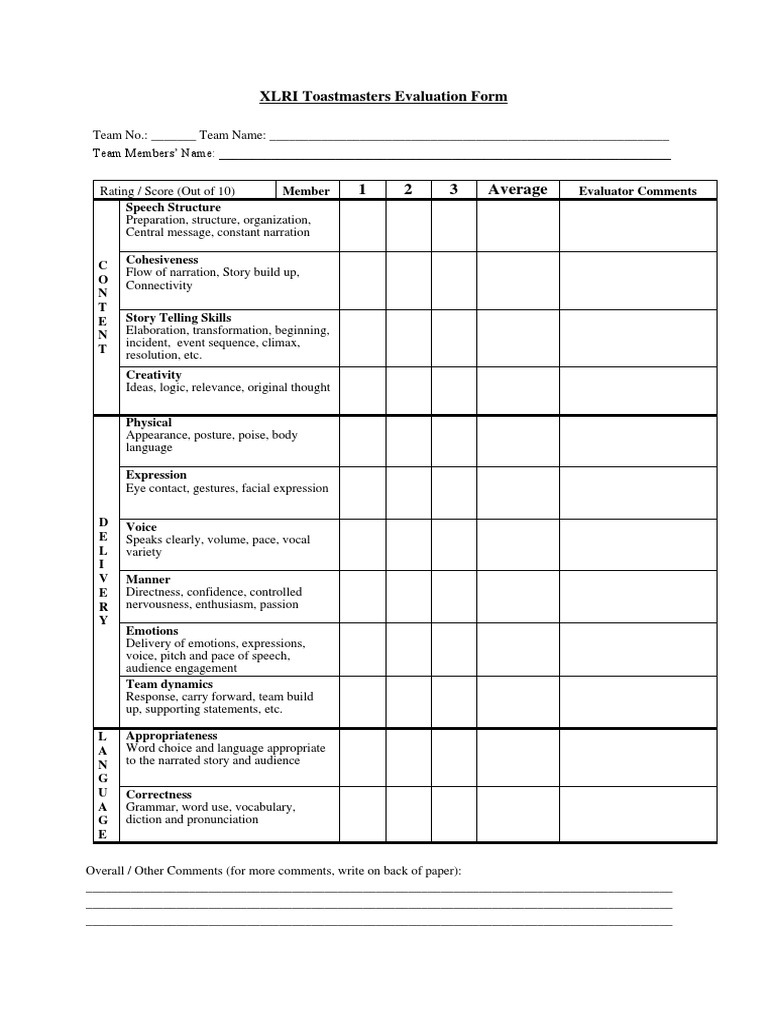XLRI Toastmasters Evaluation Form | PDF
