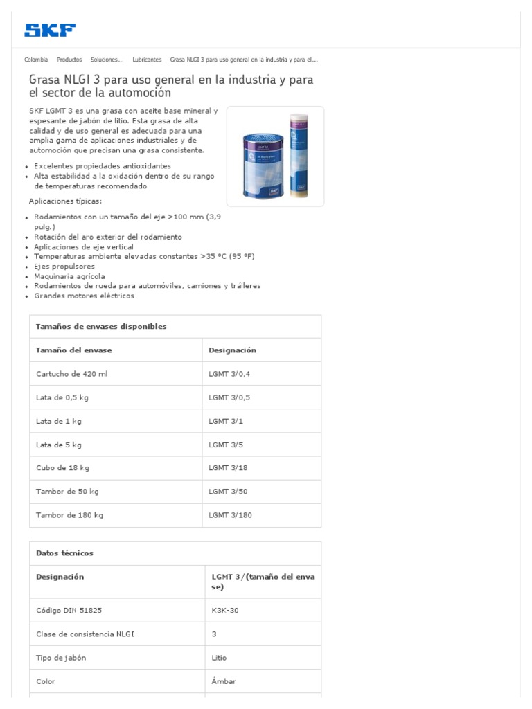 Grasa LGMT 3 SKF | PDF | Petróleo | Lubricante