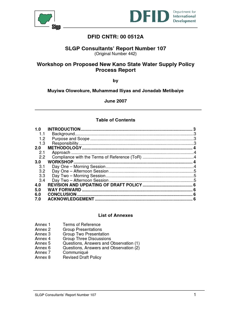 Kano Water Policy Workshop Report | PDF | Drinking Water | Water Supply