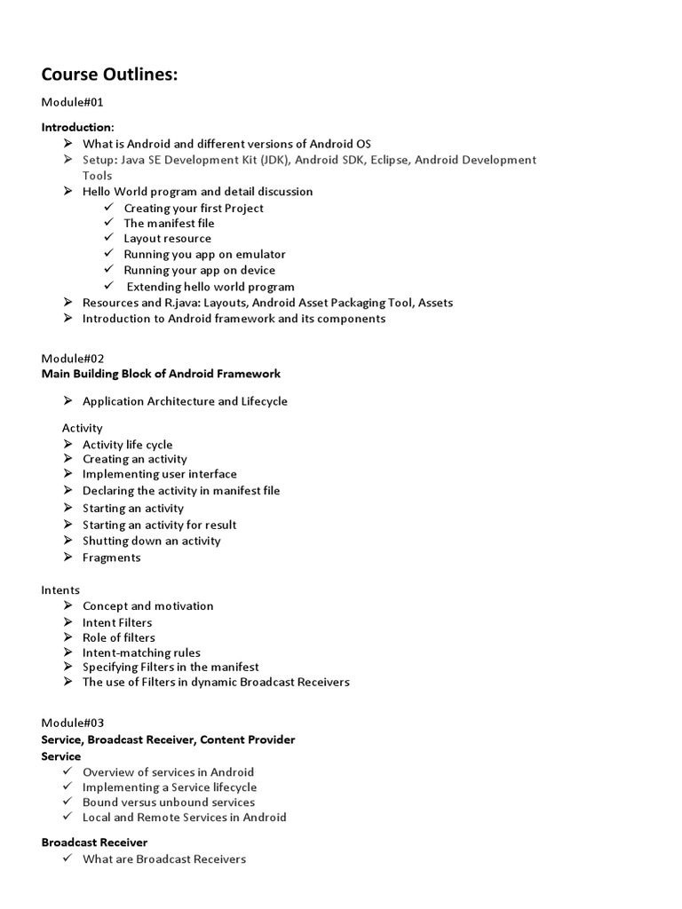 Course Outlines Android Pdf Android Operating System Application Programming Interface