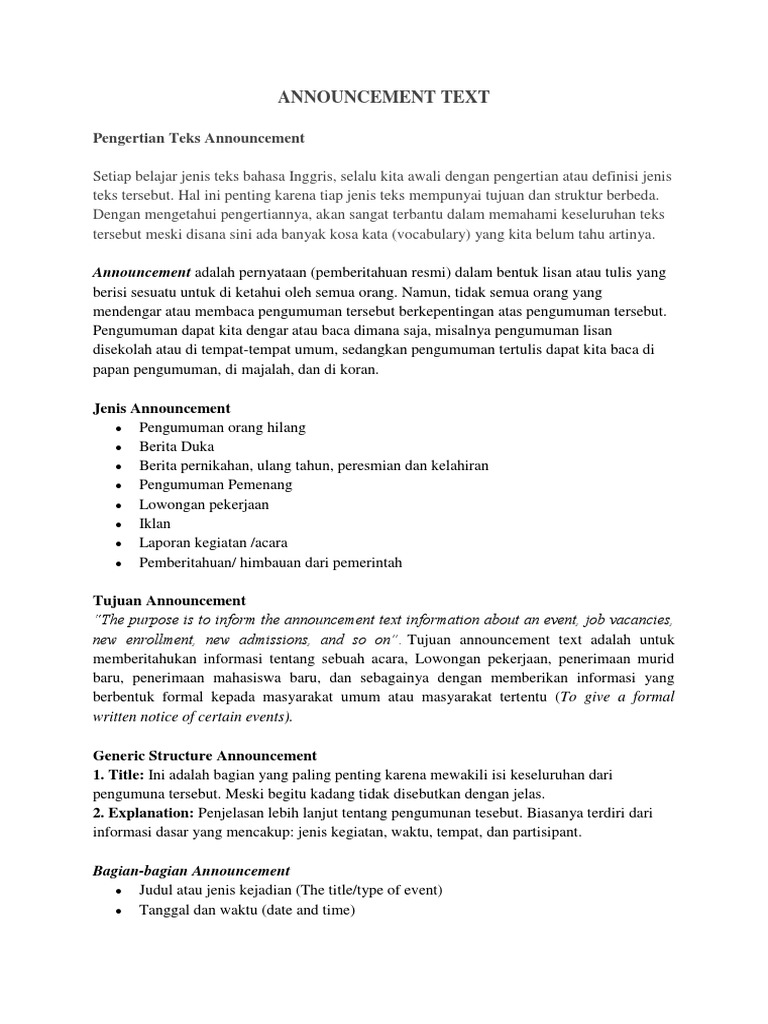 Panduan Lengkap Teks Announcement | PDF | Karier & Perkembangan ...