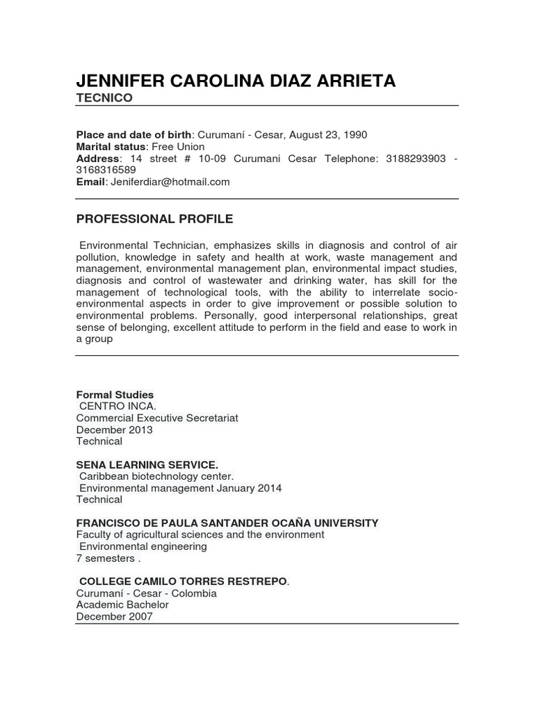 Hoja de Vida Jennifer | PDF | Environmental Engineering