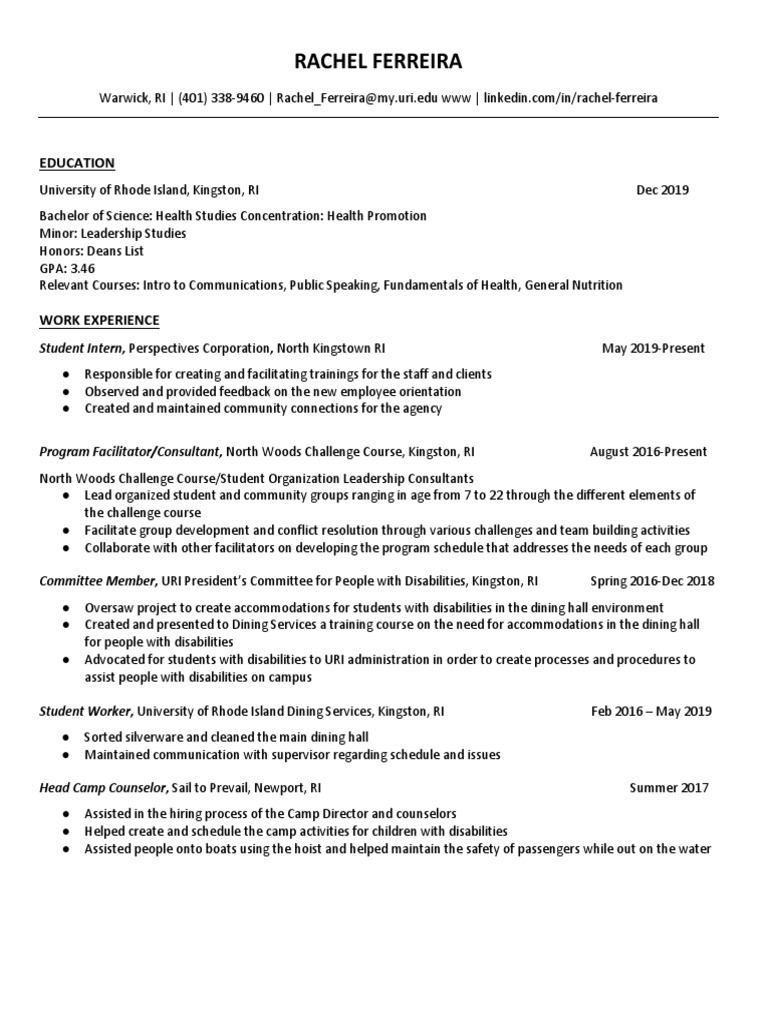 Rachel Ferreira Resume | PDF | Rhode Island | Cognition