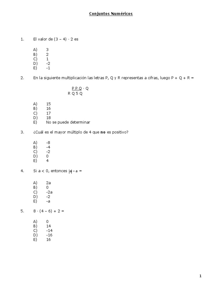 Ejercicios de Conjuntos Numéricos y Operaciones Matemáticas | PDF ...