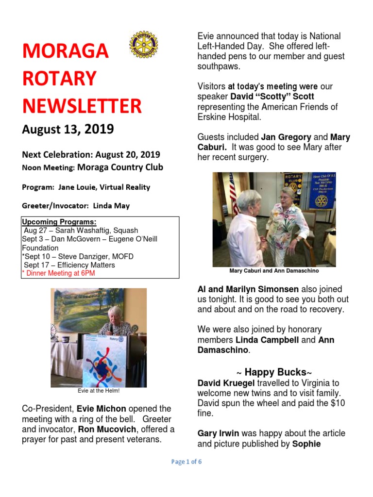 Moraga Rotary Newsletter August 13 2019 | PDF