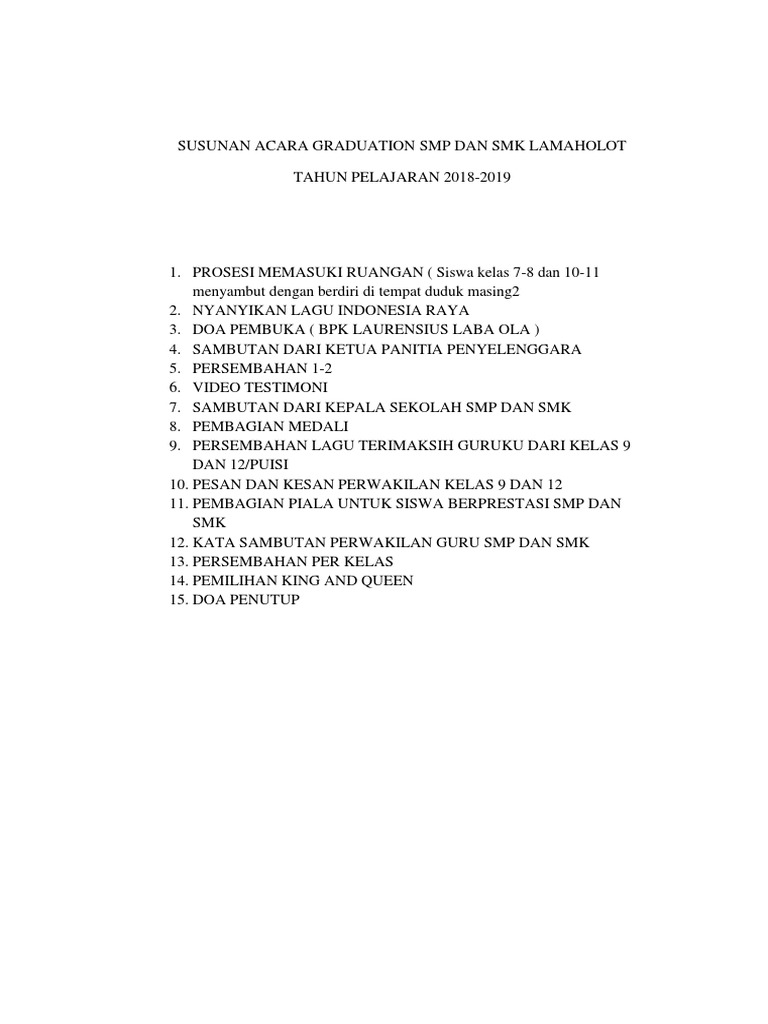 Susunan Acara Graduation SMP Dan SMK Lamaholot | PDF