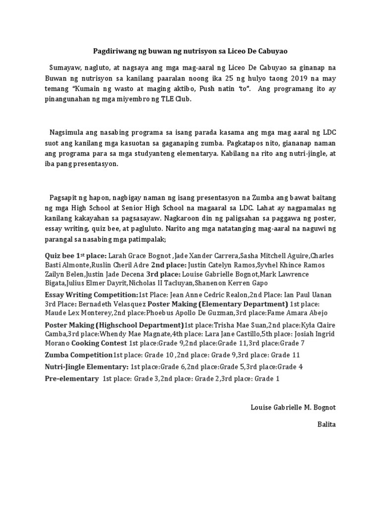 Pagdiriwang NG Buwan NG Nutrisyon Sa Liceo de Cabuyao | PDF Pagdiriwang NG Buwan NG Nutrisyon Sa Liceo de Cabuyao | PDF