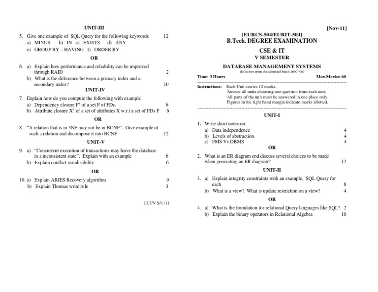 2011 Gitam Sem Question Paper | PDF | Relational Database | Databases