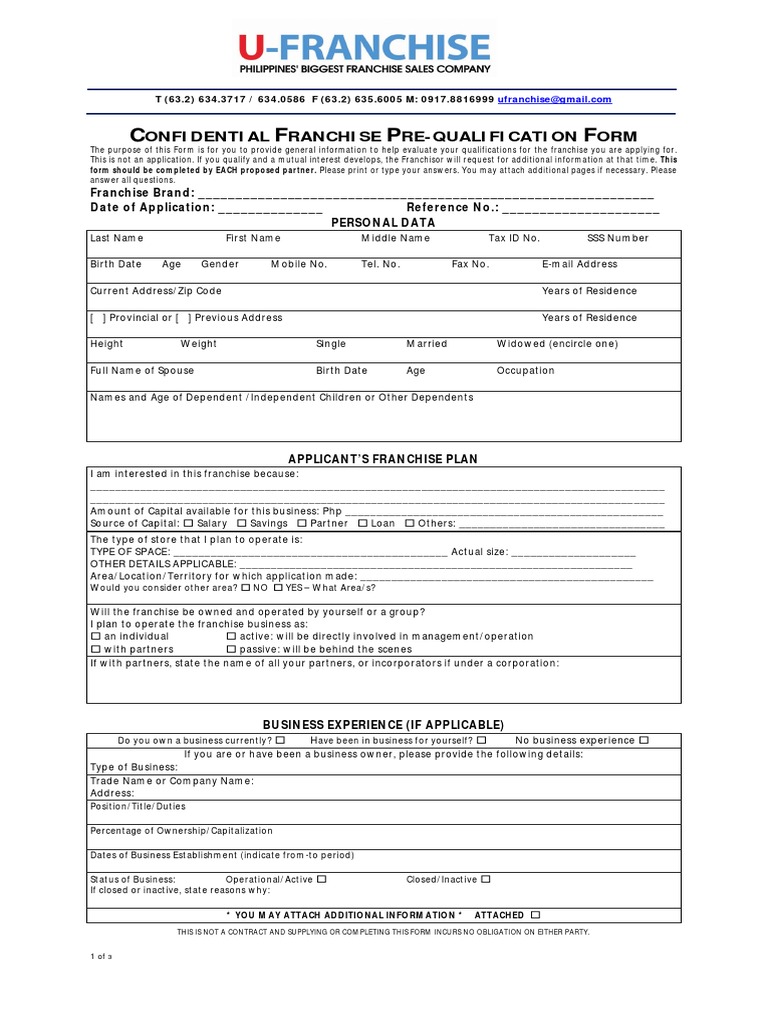 U-Franchise Prequal Form | PDF | Franchising | Credit