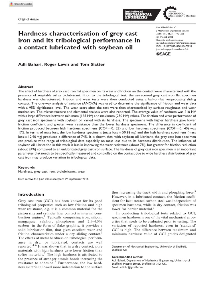 Hardness Characterisation of Grey Cast Iron and Its Tribological ...
