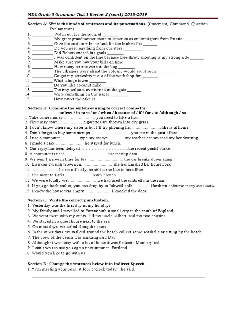 Grade 5 Grammar Test Review Guide | PDF