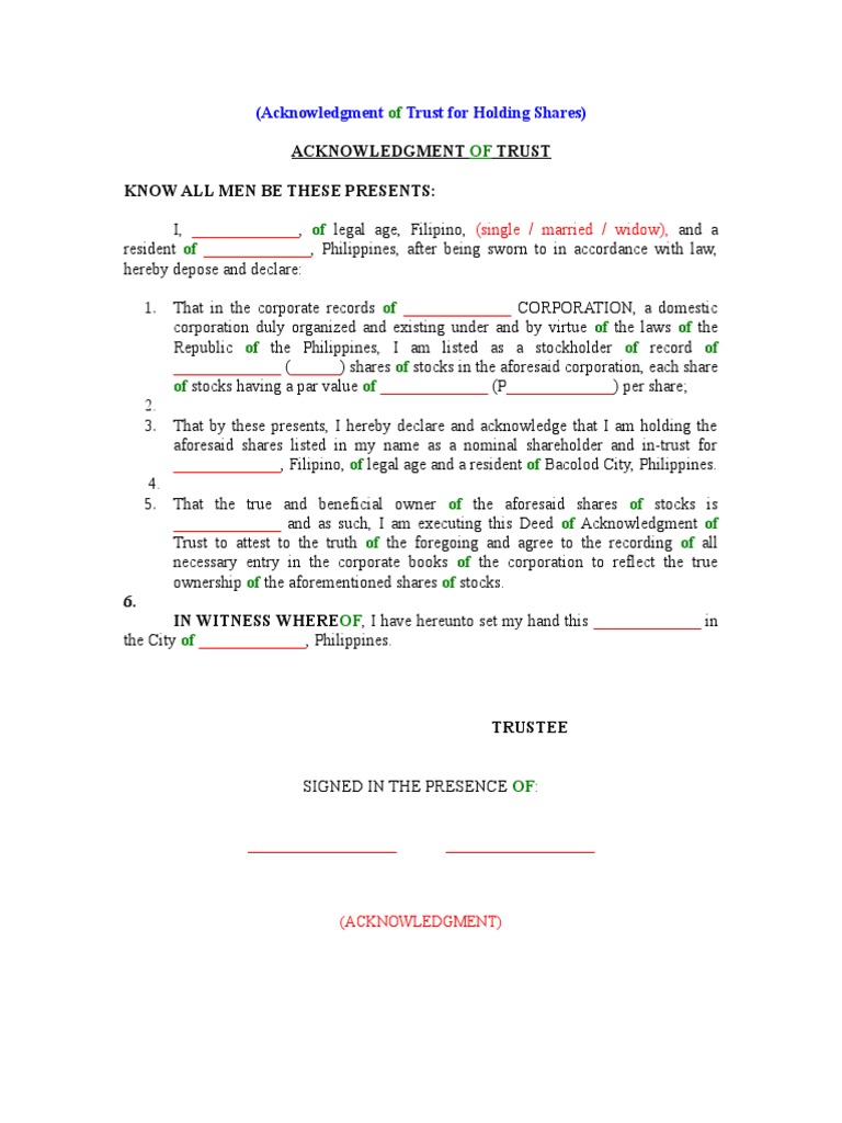 Acknowledgment of Trust for Shares | PDF | Finance & Money Management | Law