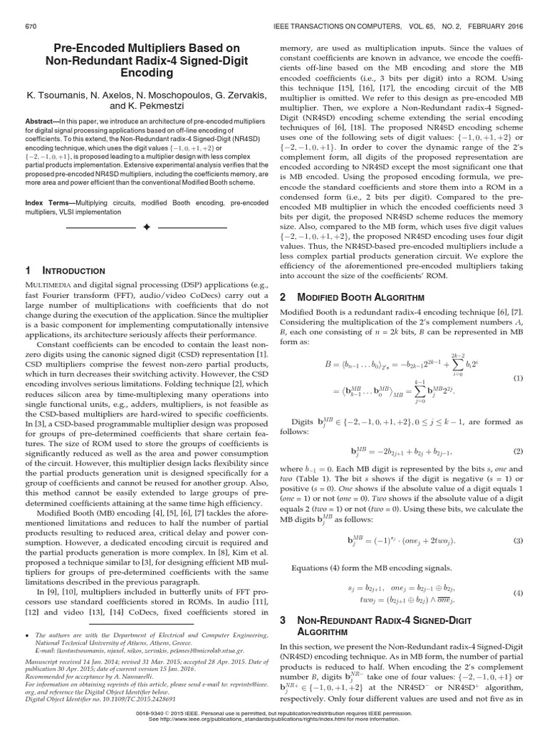 Pre-Encoded Multipliers Based On Non-Redundant Radix-4 Signed-Digit Encoding | PDF | Bit | Read ...