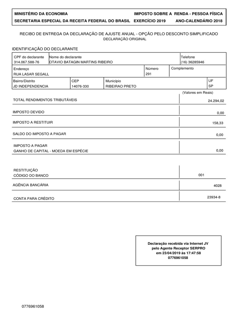 IRPF 2019 2018 Origi Imagem Recibo PDF | Imposto de Renda | Impostos