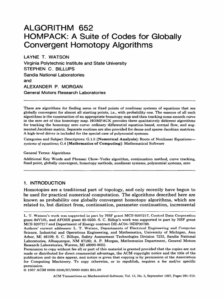 Algorithm 652 Hompack A Suite Of Codes For Globally Convergent Homotopy Algorithms Pdf