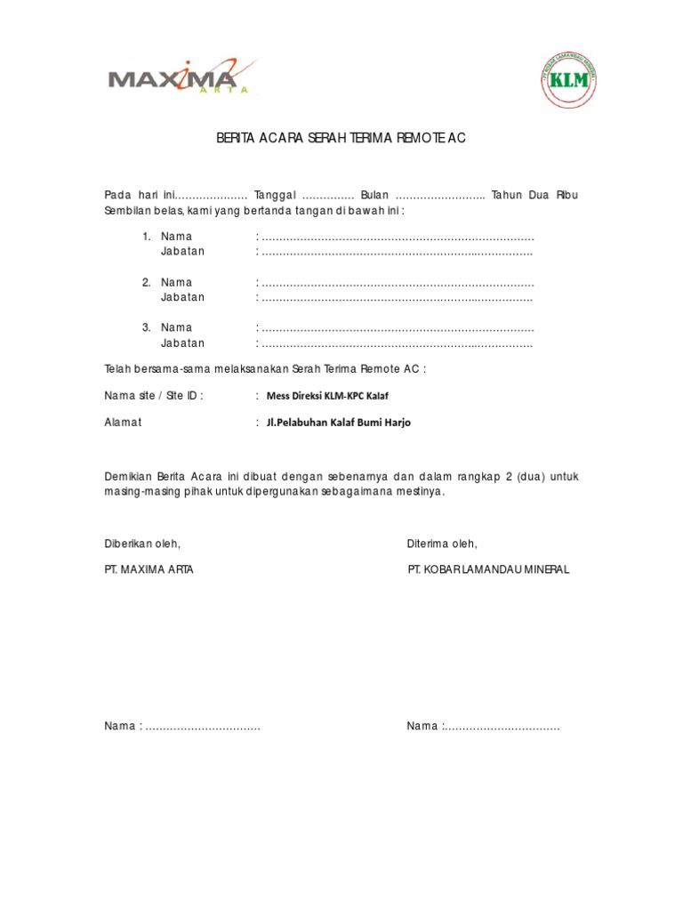 BA Serah Terima Remote Ac Mess Direksi KLM - KPC Kalaf | PDF
