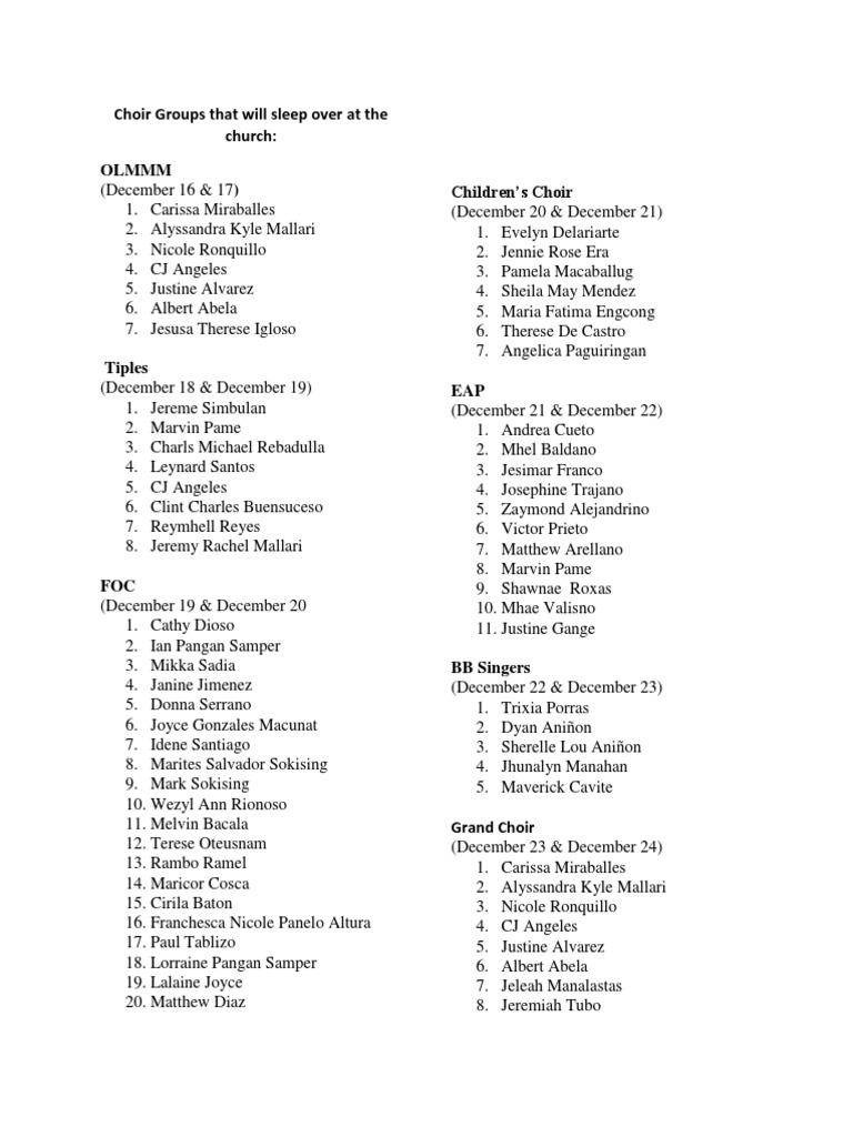 Church Choir Sleepover Groups List | PDF