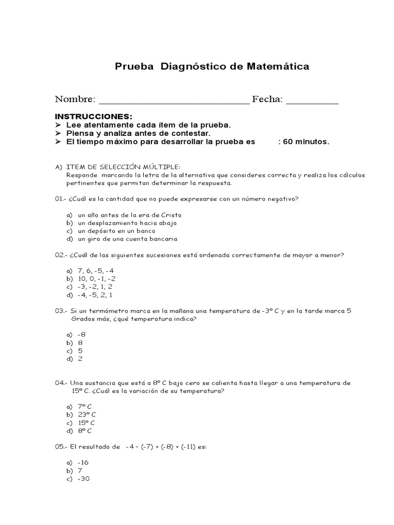 Prueba Diagnostica | PDF | Temperatura | Enseñanza de matemática