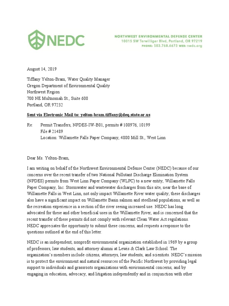 NEDC Letter - NPDES Permit Transfers - West Linn Paper | PDF | Clean ...