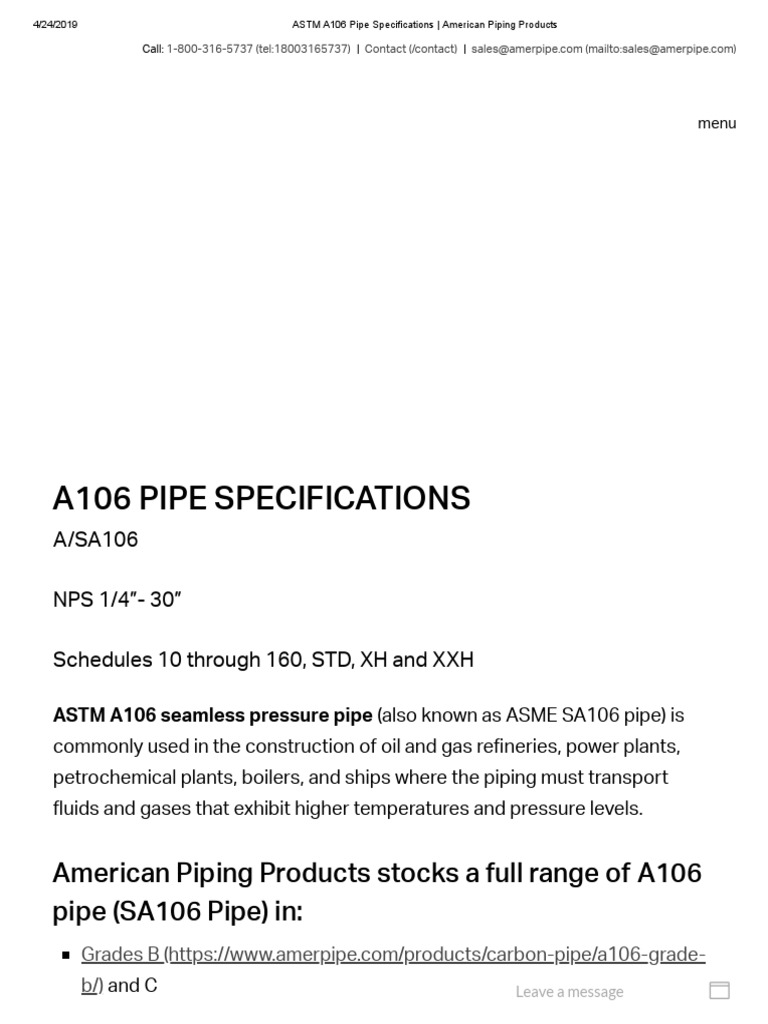 ASTM A106 Pipe Specifications - American Piping Products | PDF | Pipe ...